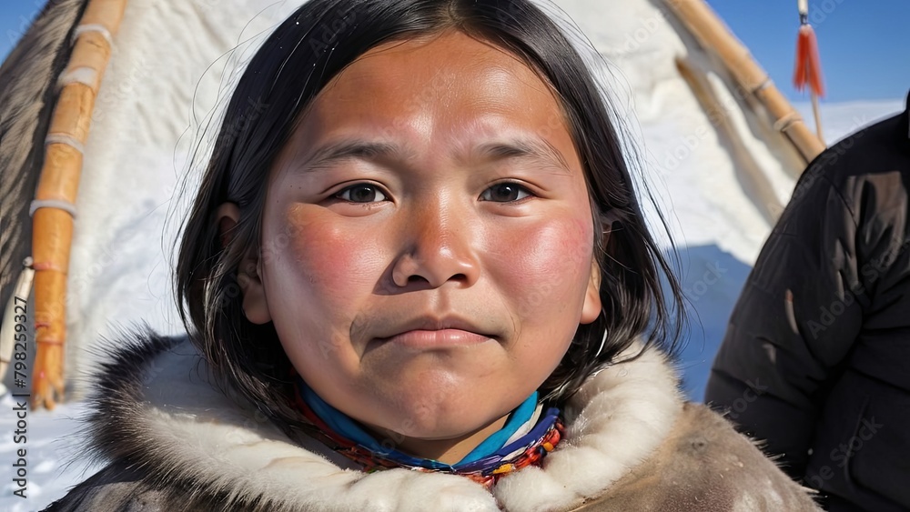 Inuit Child in Traditional Clothing with Arctic Backdrop Stock Photo ...