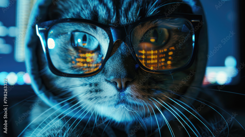 Hacker cat uses computer in dark room, face with digital data reflected in glasses close-up ...