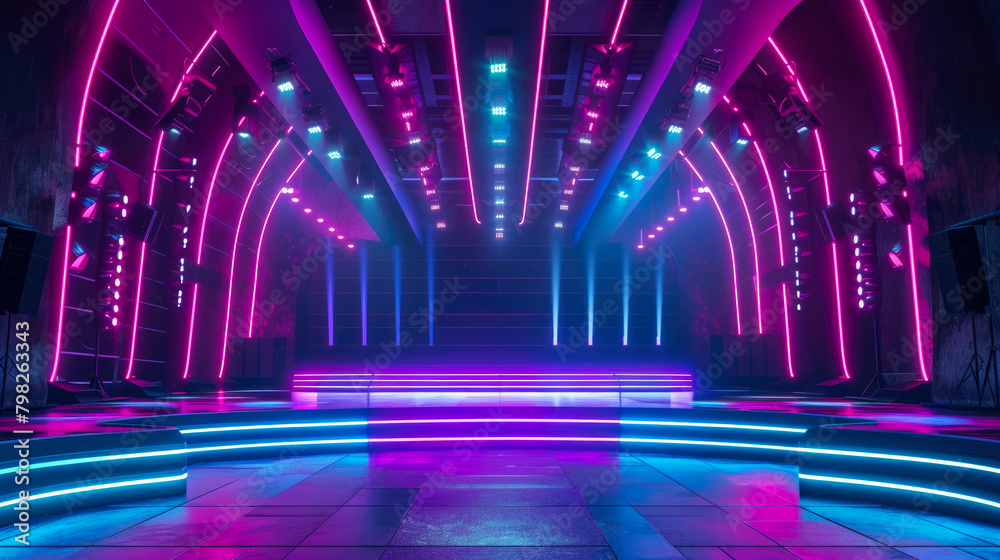 Neon stage background, empty room with blue and purple light ...
