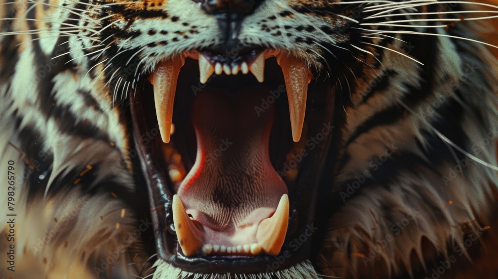 A close-up of a tiger's powerful jaws and teeth, showcasing the ...