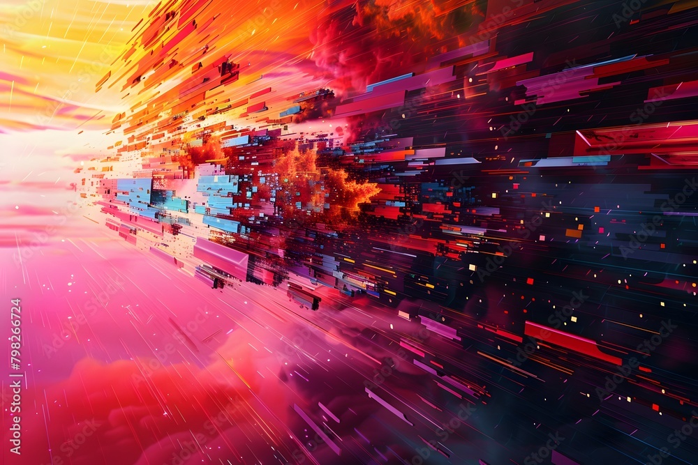 Against a backdrop of digital pixels and glitch effects, the modern ...