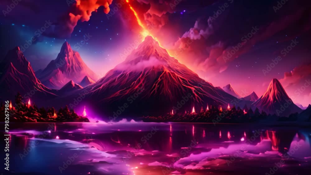 Illustration of a beautiful fantasy landscape with a volcano in the ...