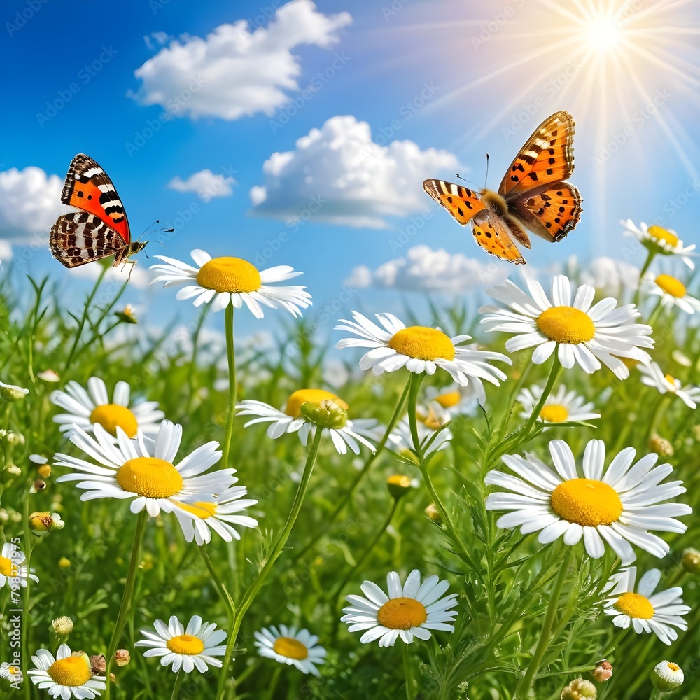 Beautiful Landscape with Daisy Flowers and Butterflies Stock ...
