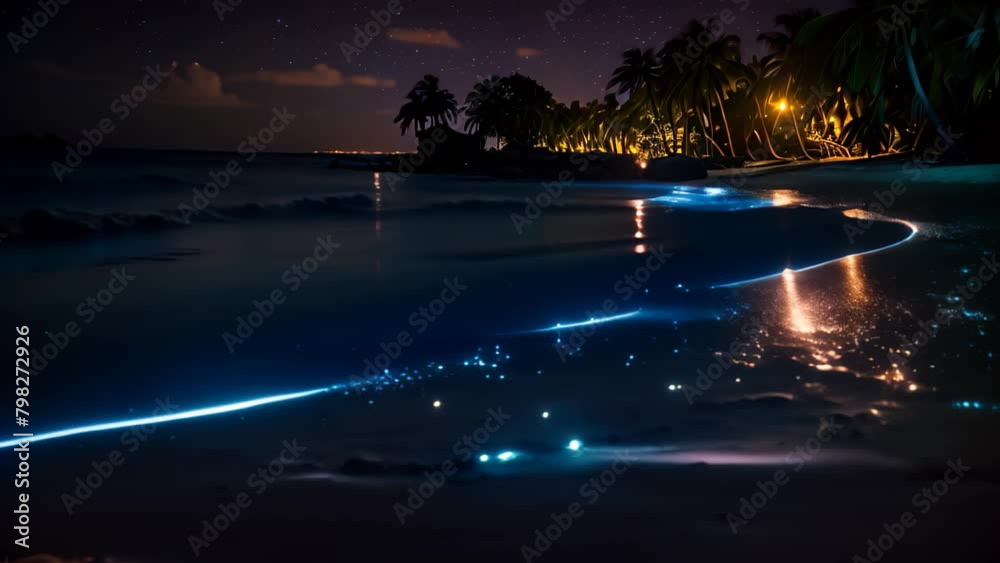 Tropical beach at night with palm trees and starry sky, Bioluminescence ...