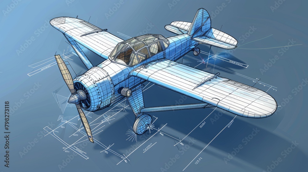Sketch of a small self-built airplane aircraft, digital diagram, 3D ...