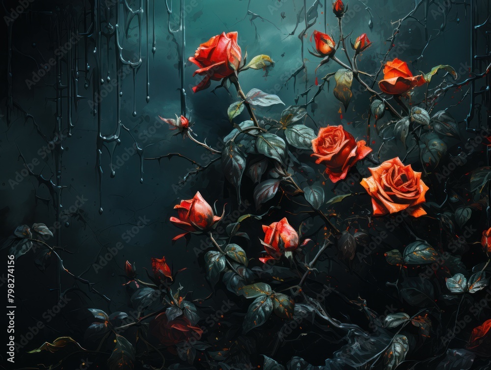 A dark and eerie scene of red roses growing on a vine. The roses are ...