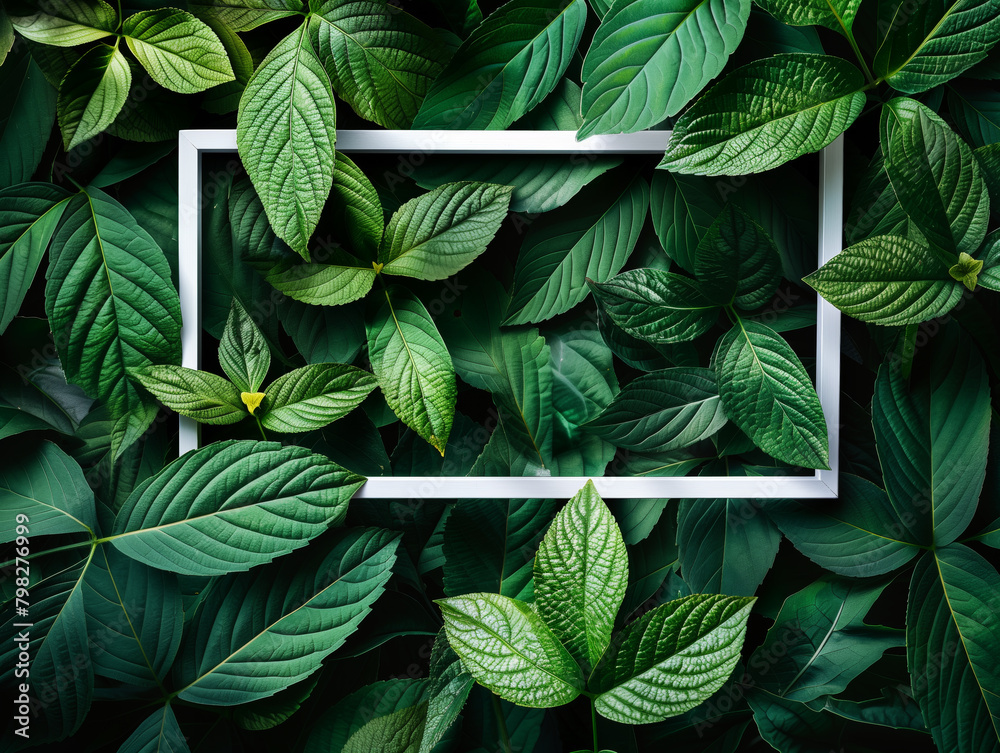 .Unique arrangement, White frame accentuated with vibrant green leaves ...