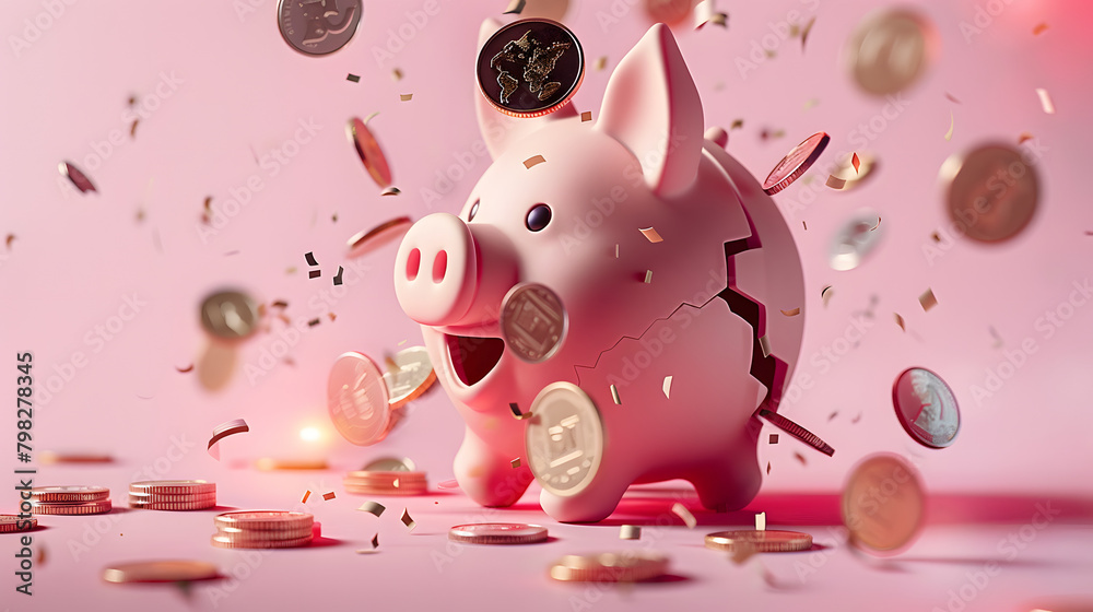 pink pig piggy bank breaks into pieces and coins fly in different ...