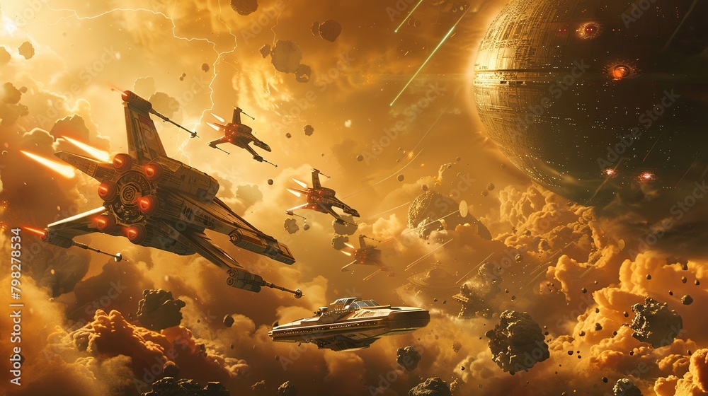 This is an image of a space battle between two groups of spaceships ...