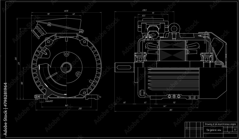 Vector engineering technical drawing of asynchronous motor. The design ...