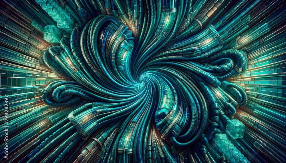 Abstract geometric background with glass spiral tubes, flow clear fluid ...