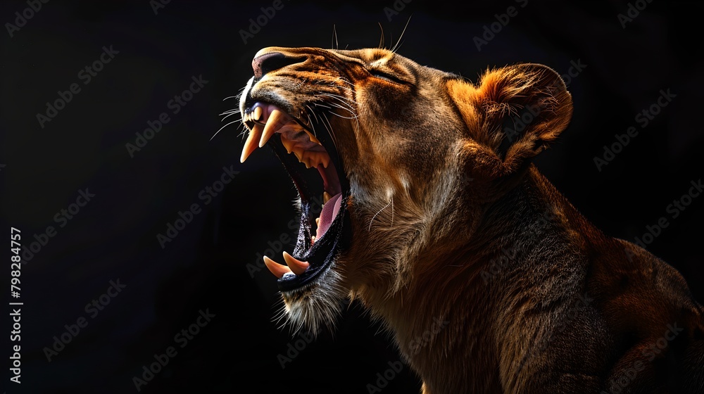 Majestic lion roaring against a dark backdrop, powerful wildlife moment ...