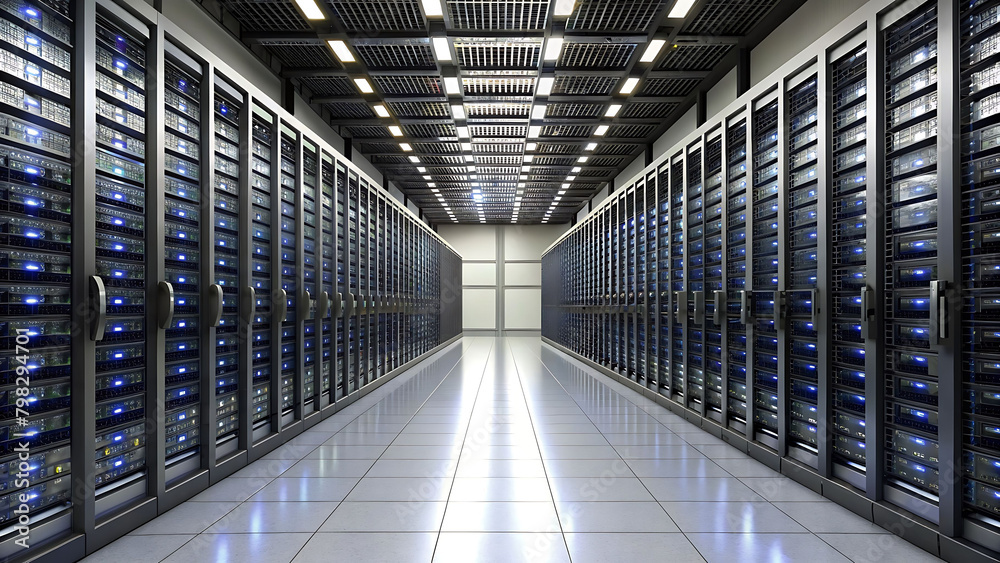 Generative ai. A long aisle in a well-lit data center is flanked by ...