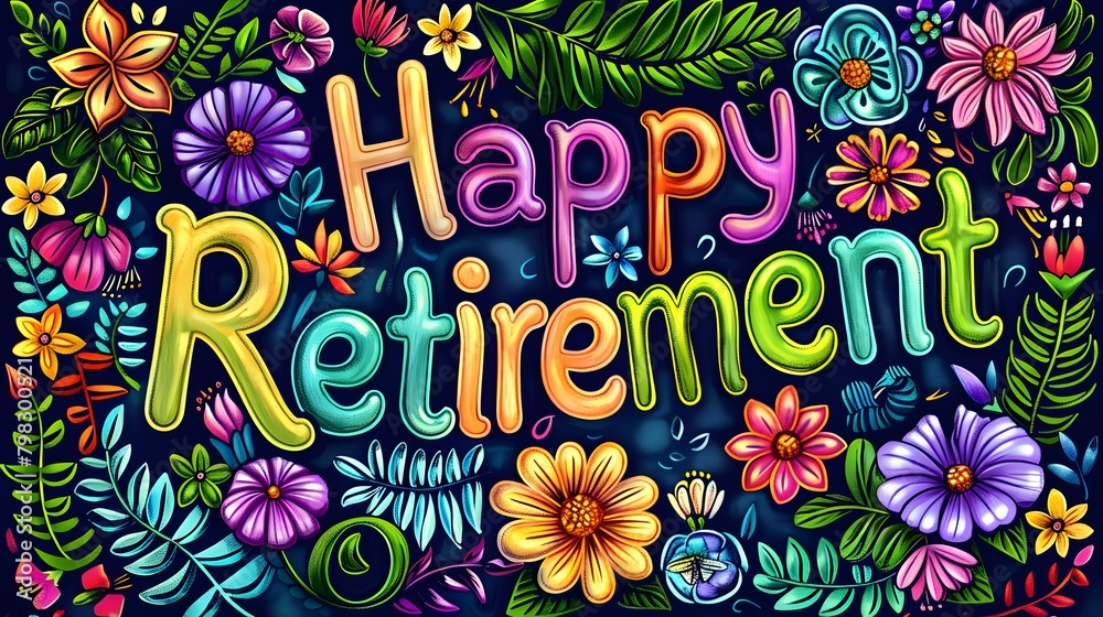 Happy Retirement Poster with Exotic Flowers and Colorful Letters Stock ...