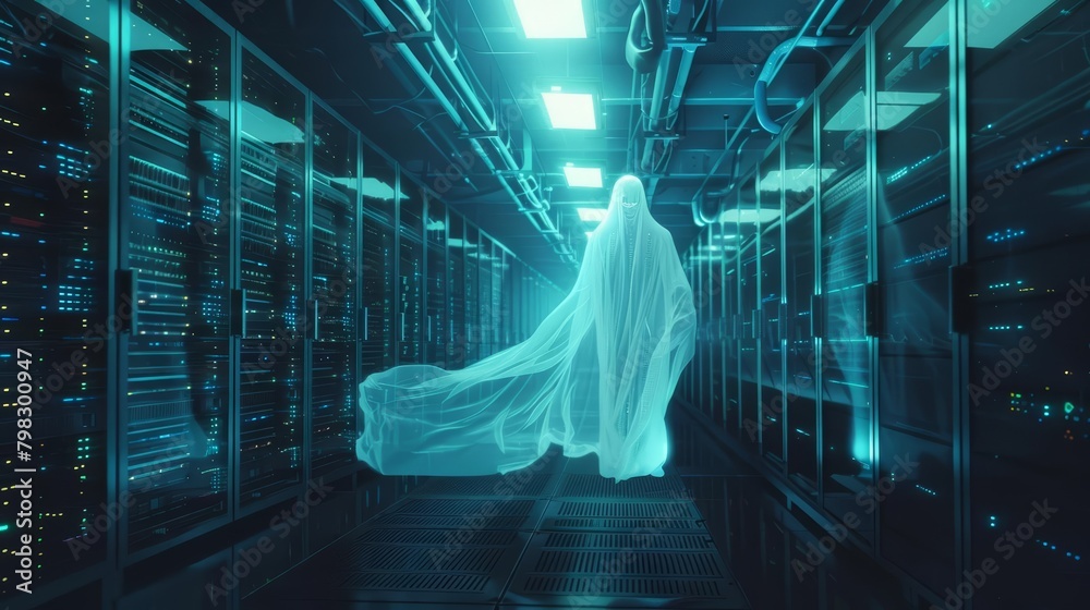 In the server room, a ghostly technician troubleshoots issues, keeping ...