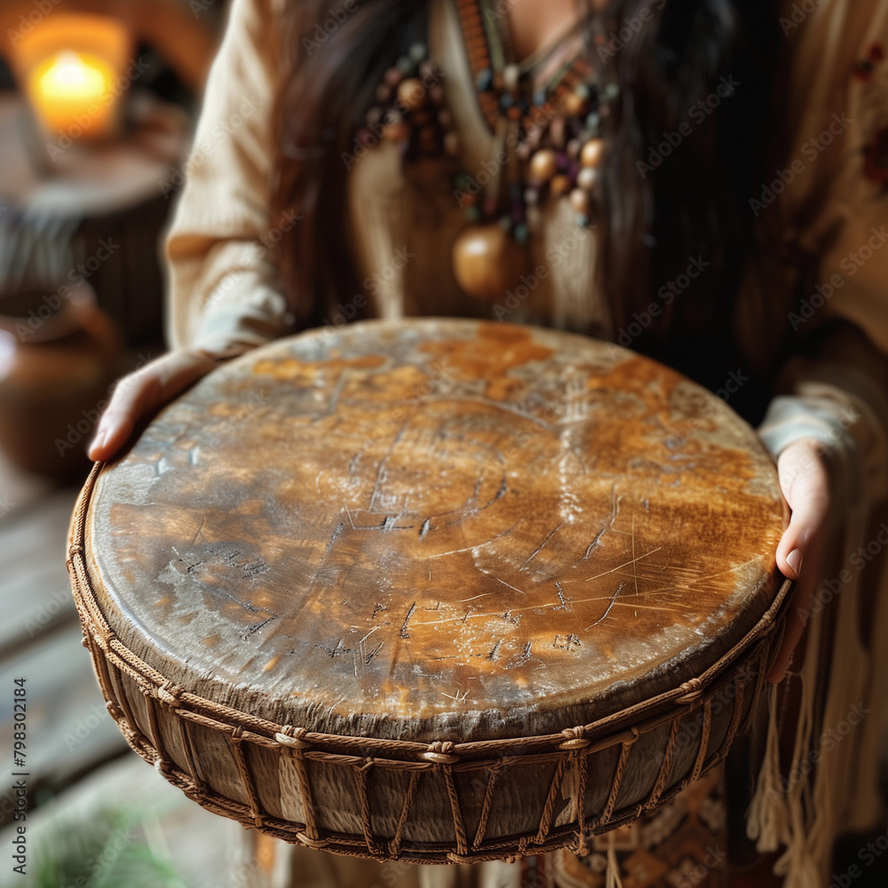 An ancient Indian ritual percussion instrument, a drum or tambourine ...