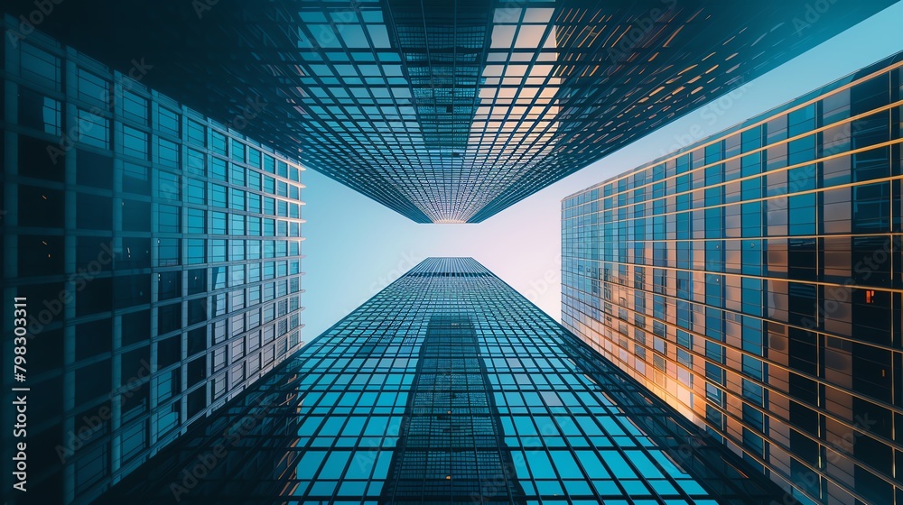 Visualize a towering skyscraper with intricate details seen from a ...