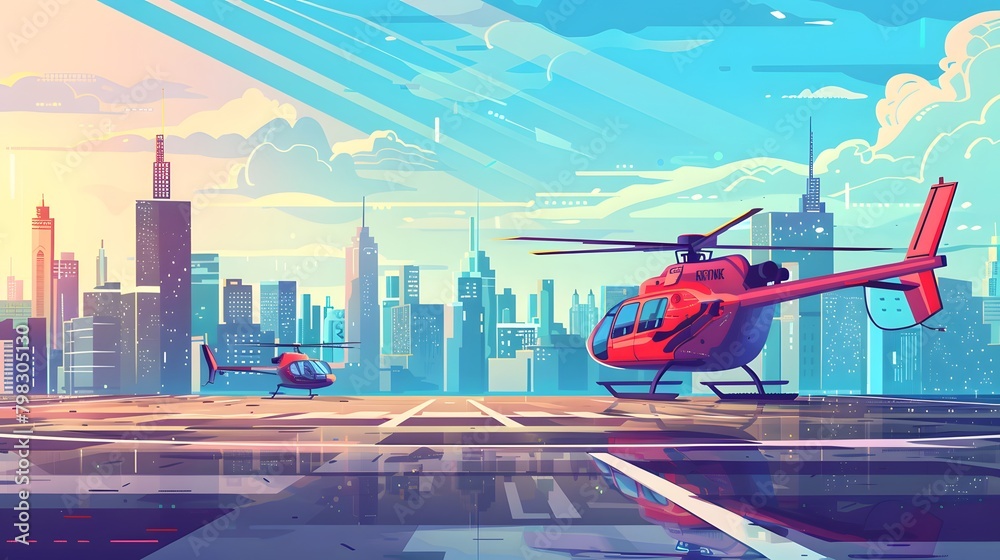 Vector illustration of a beautiful helipad. Cartoon urban buildings ...