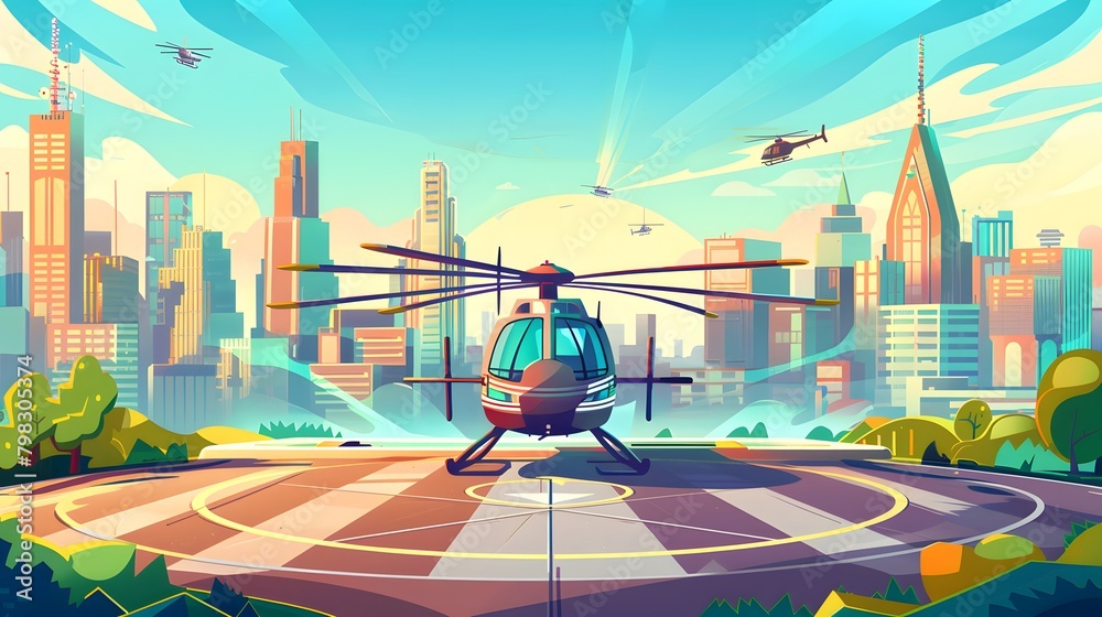 Vector illustration of a beautiful helipad. Cartoon urban buildings ...