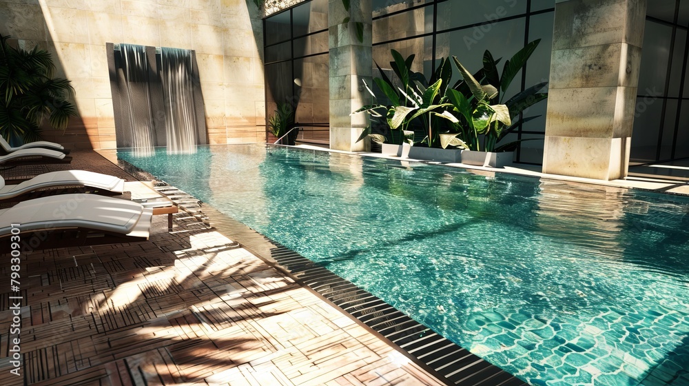 "L" shaped pool in a modern residence featuring solar heating, with a ...