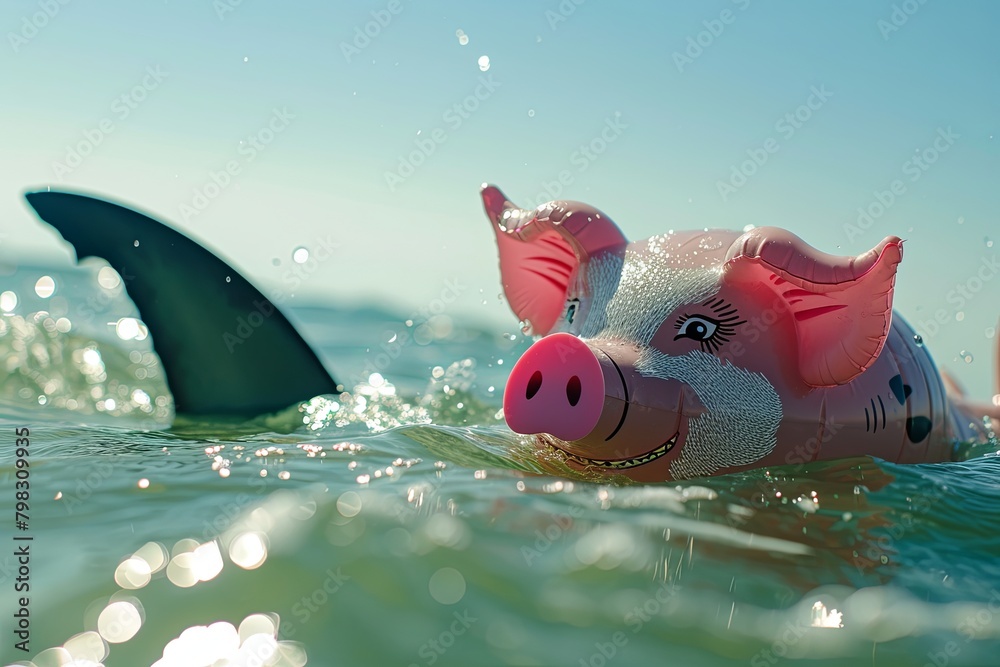Shark Fin Close-Up: Ocean Float with Pig Design Under Clear Sky Stock ...