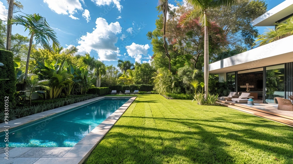The elegant backyard of a modern house located in Miami Beach's ...