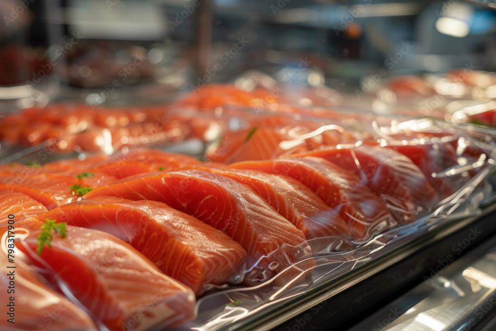 Red fish o salmon fillets in vacuum package on wooden background. Fresh ...