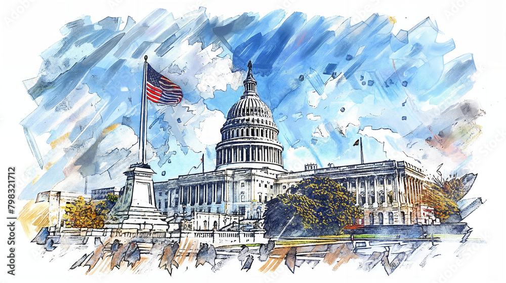 Color pencil sketch hand drawn style, United States Capitol Hill ...