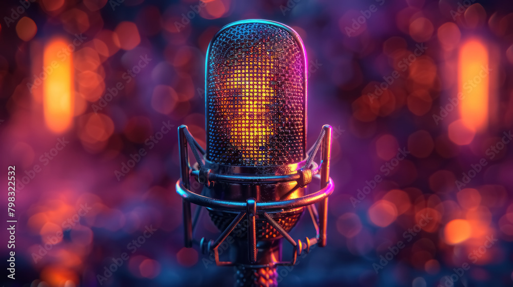 holographic wireframe microphone design on sparkling purple background ...