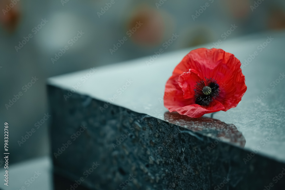 memorial day celebration with a solemn red poppy flower on a granite ...