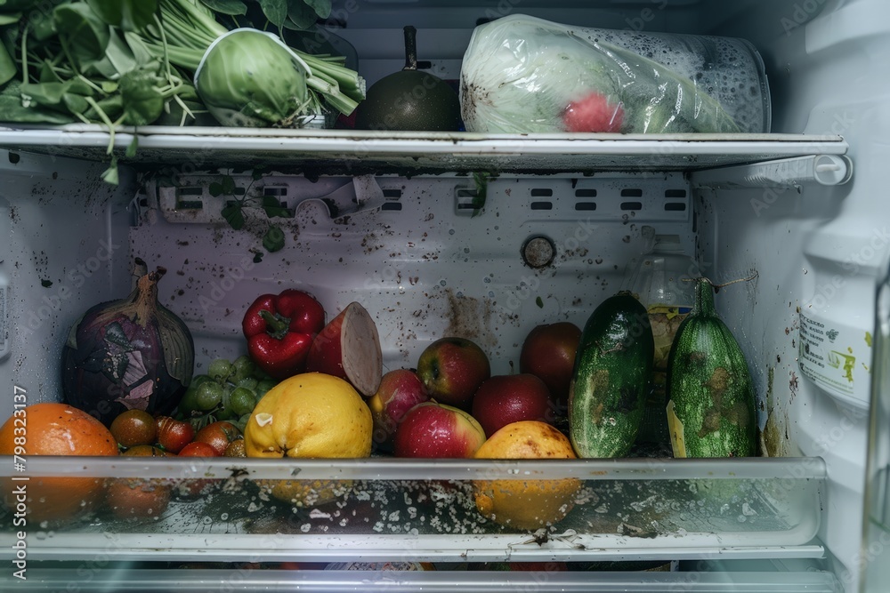 An eerie view inside a refrigerator showing widespread mold growth on ...