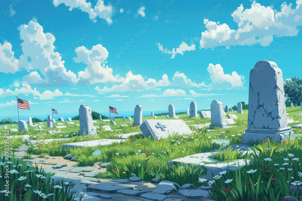 serene military cemetery with american flags and clear blue sky ...