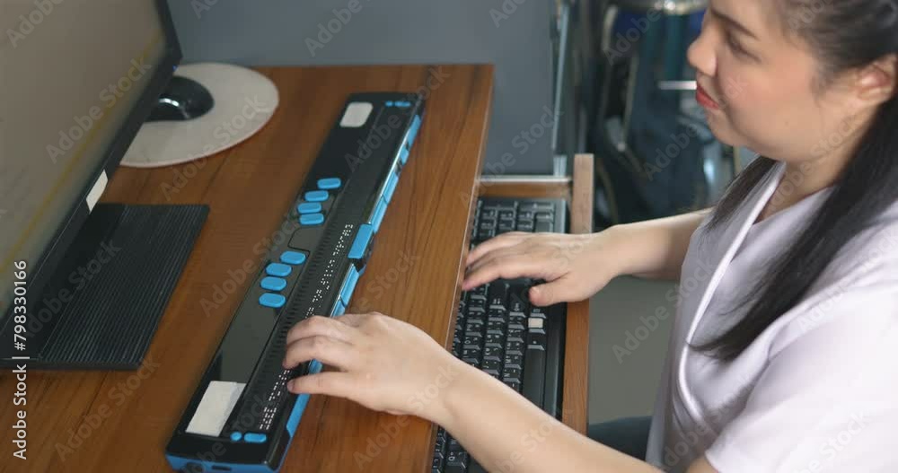 Asian woman with blindness disability using computer with refreshable ...