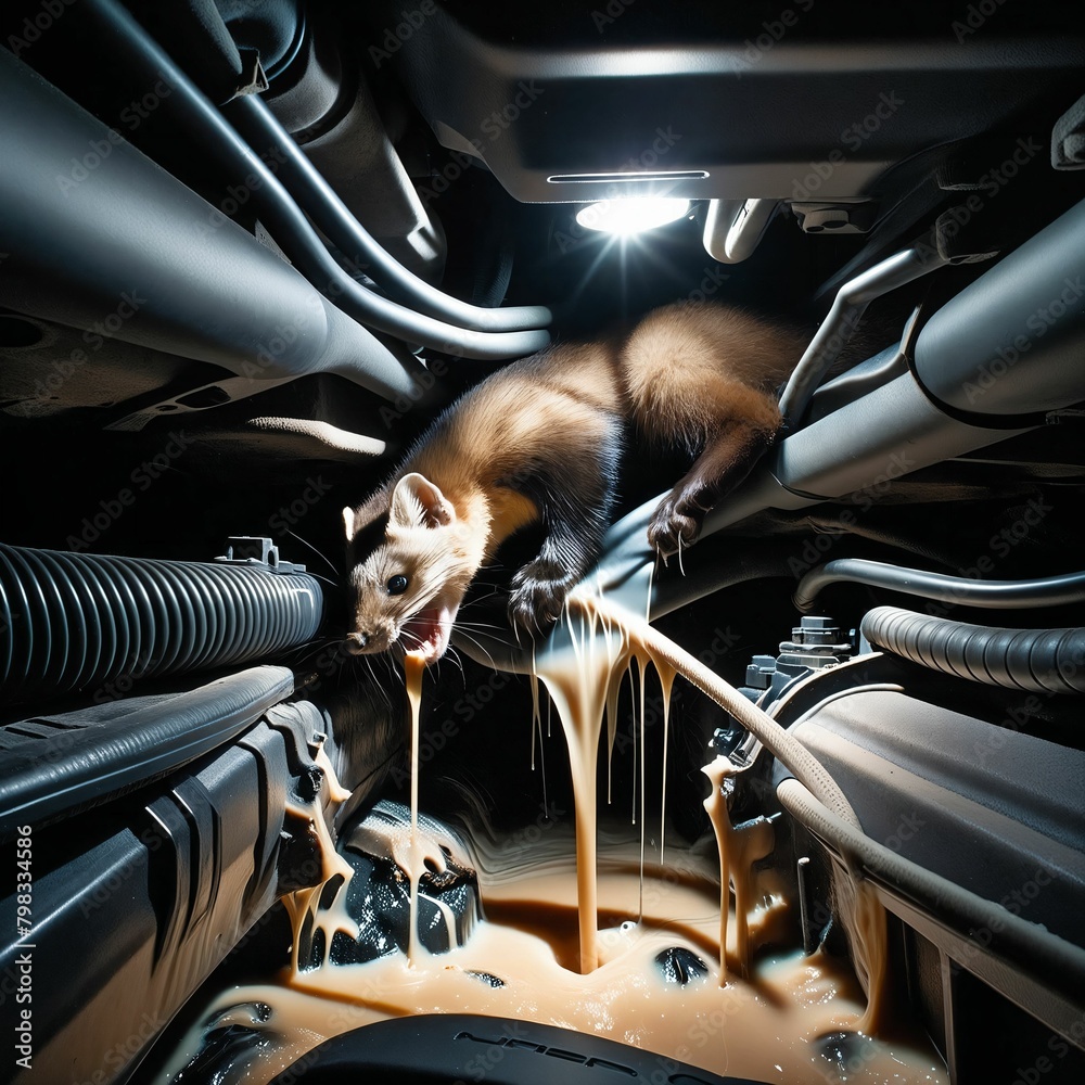 Stone marten damaging cables in the engine compartment of a car. Cables ...