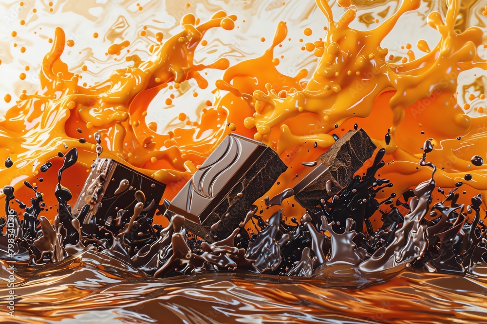 Illustrate an enticing composition of chocolate and orange juice ...