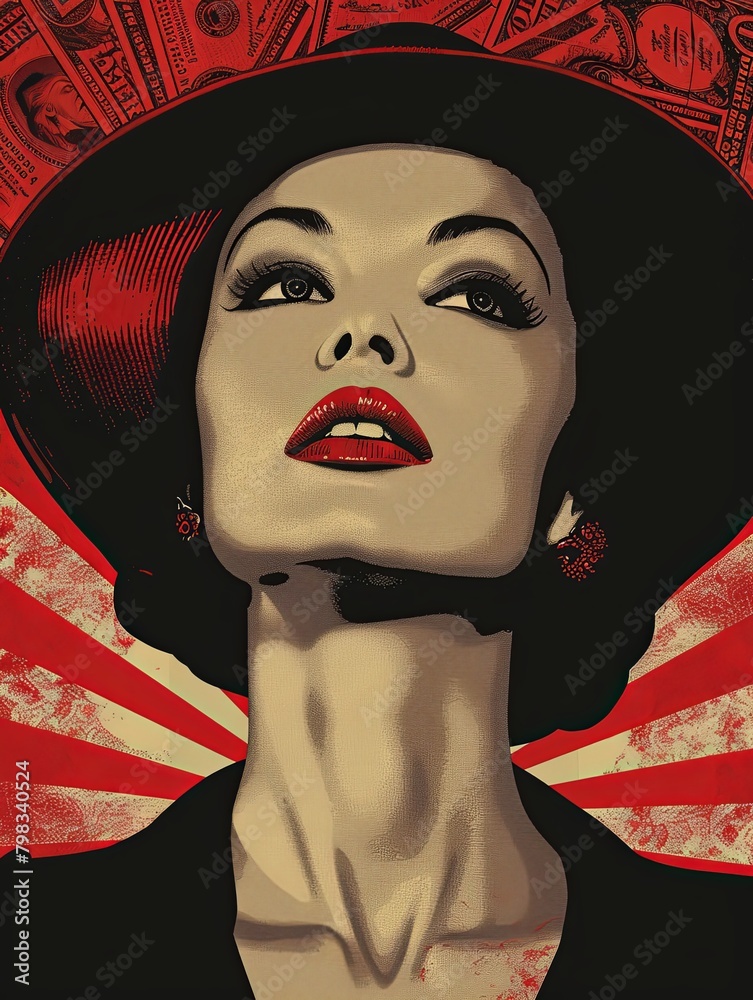 Retro pop art illustration of an elegant woman with dramatic makeup and ...