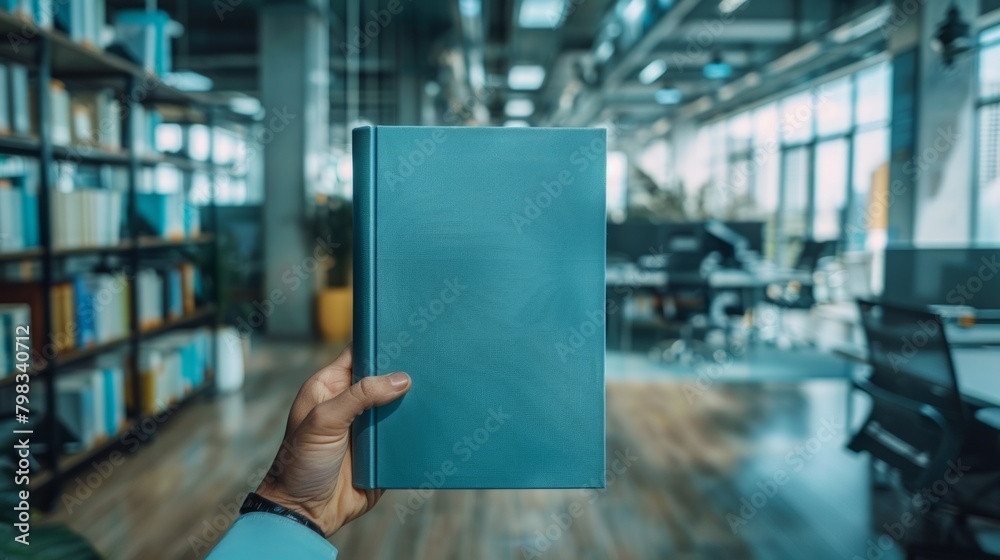 A blank blue book cover is displayed on a modern office background ...