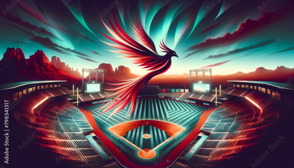 Dynamic illustration of a baseball stadium with a soaring phoenix and a ...
