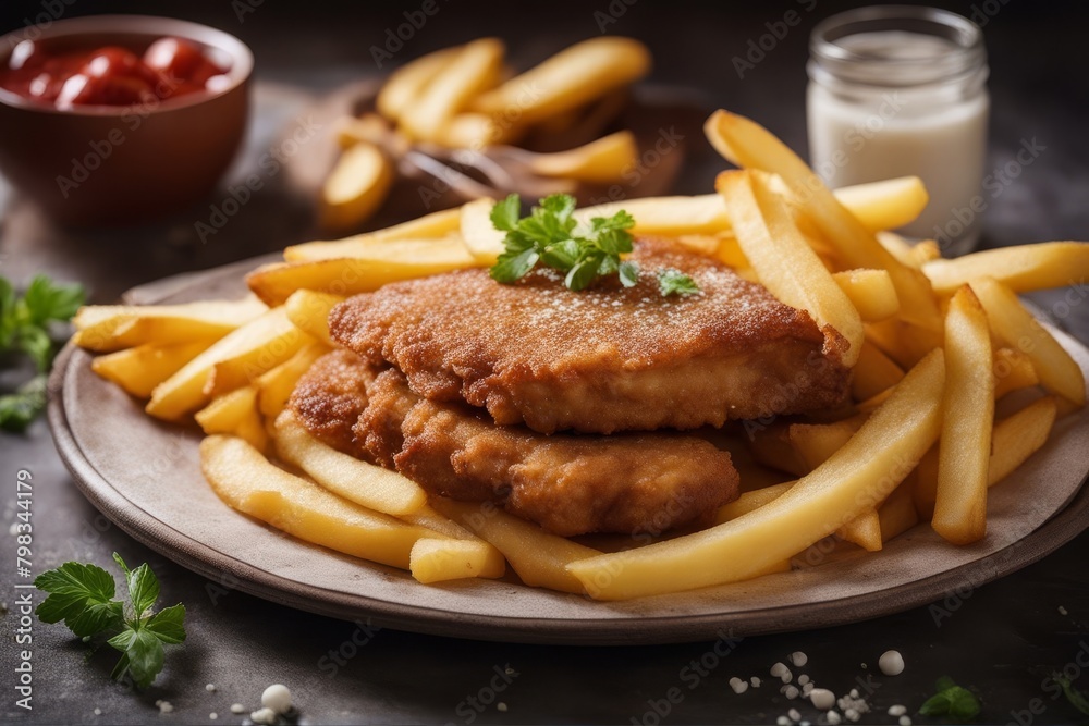 'schnitzel pommes frites chips meat french fries pork food lemon main ...
