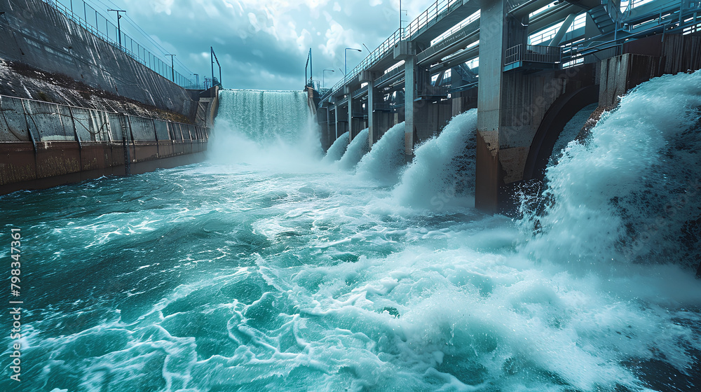 Hydroelectric dam with rushing water and electric turbines turning with ...