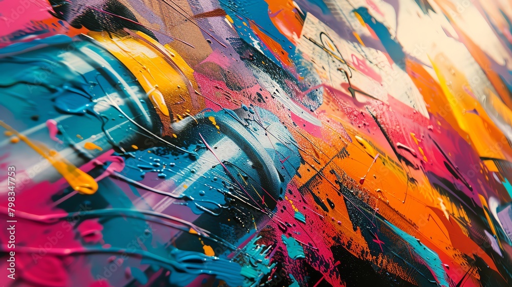 Panoramic view of a vibrant graffiti art process, with an artist ...