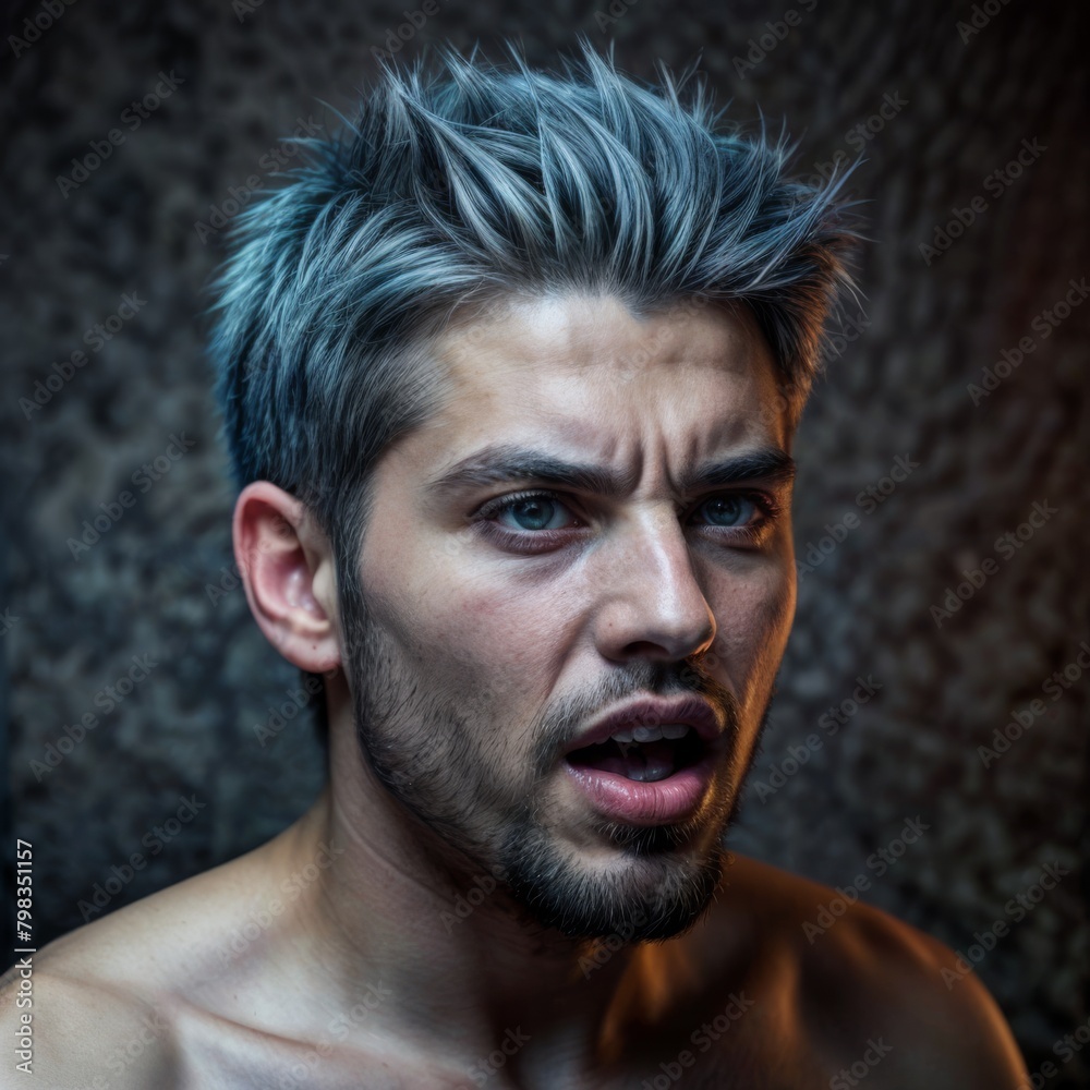 Barechested man with gray hair and beard making funny face Stock ...