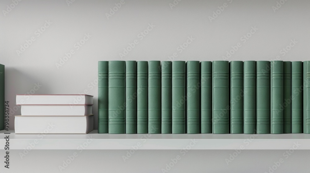 Arrange the pile of green books on the shelf. Position the books in a ...