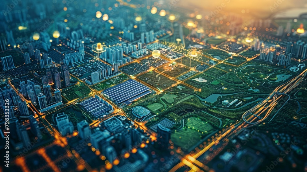 Detailed map of a city's transition to clean energy, with key areas ...