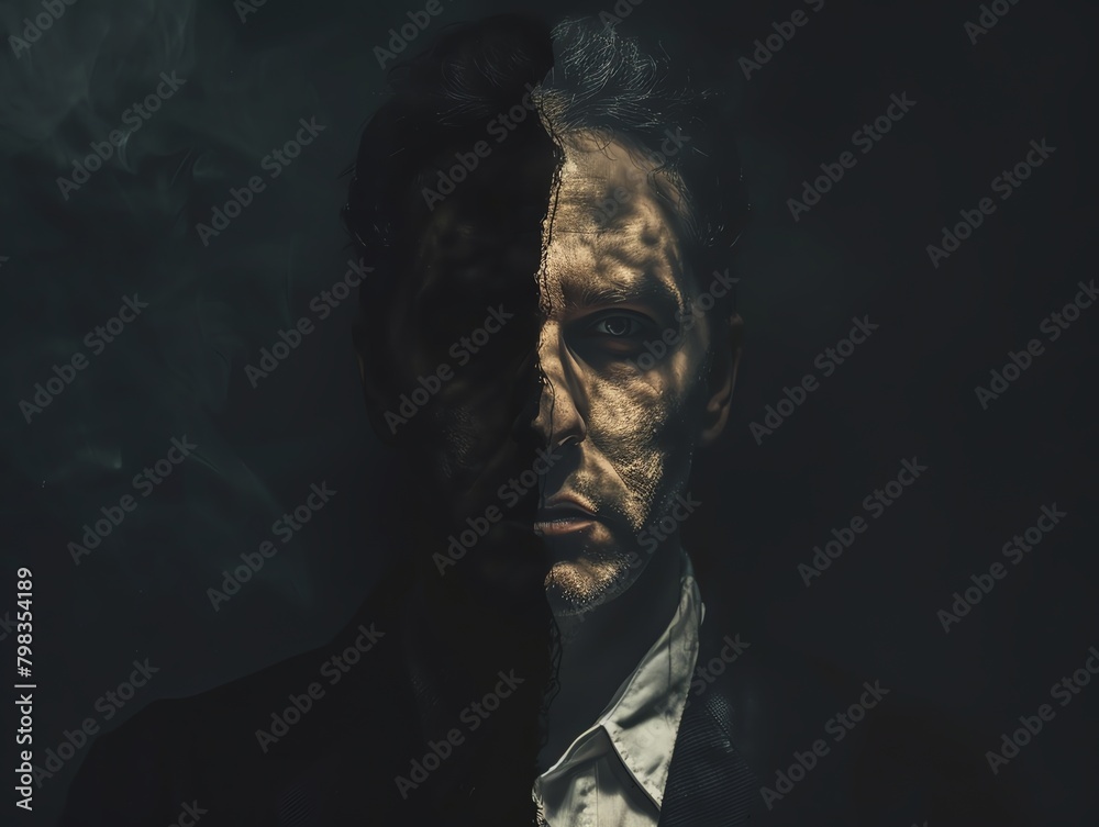 Dramatic depiction of a lawyer with a split face, one side shrouded in ...