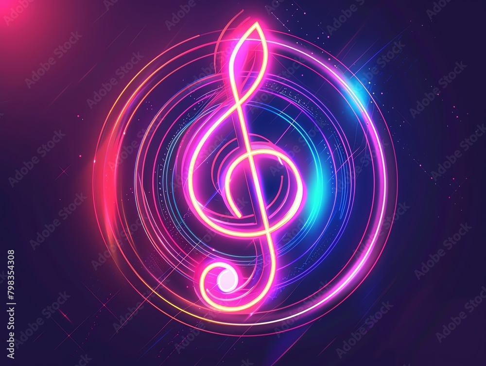 Sleek neon treble clef symbol, featured within a dynamic line art light ...