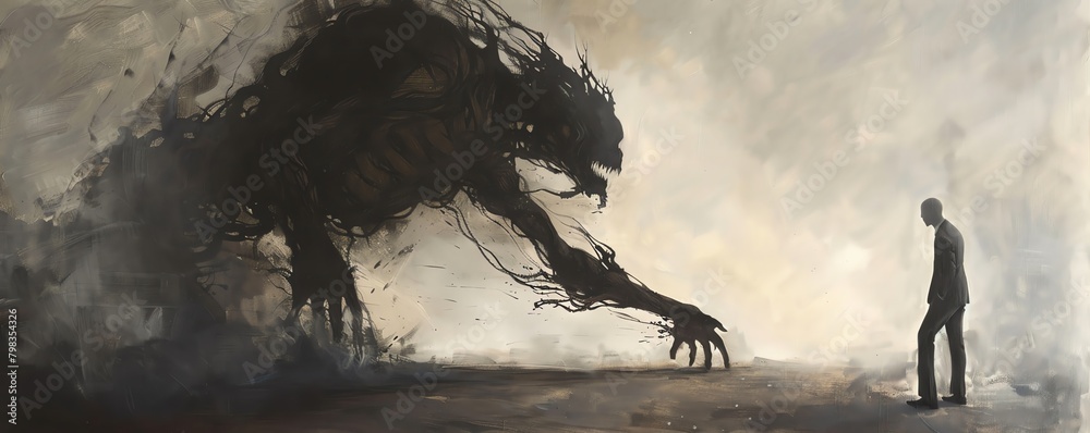 Surreal interpretation of a corporate titan with a shadow that morphs ...