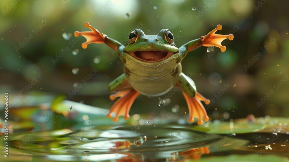 Design a scene where a frog is realistically shown both flying and ...