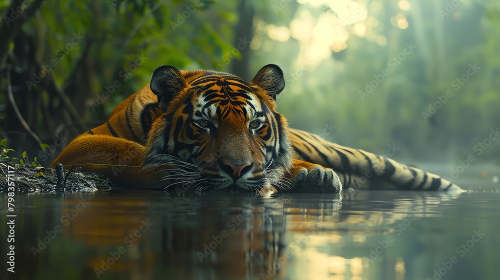 A serene image of a Sumatran tiger lying beside a tranquil river ...