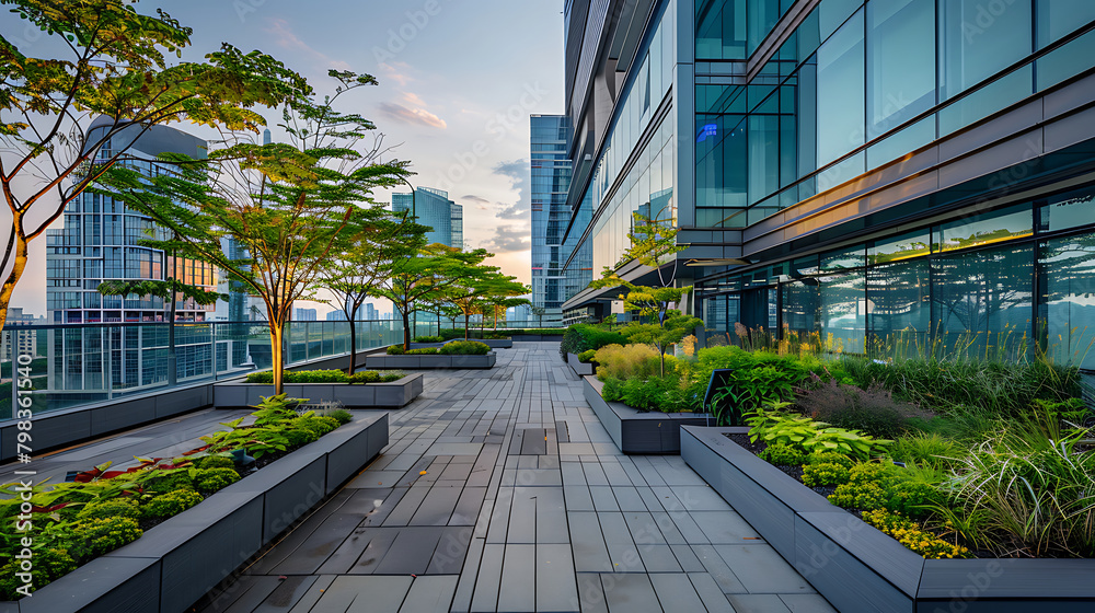 Office rooftop garden with plants and trees backdrop of city skyline ...